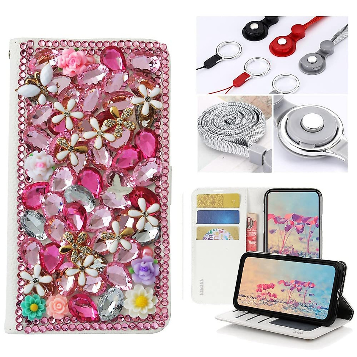 STENES Bling Wallet Phone Case Compatible with Samsung Galaxy Z Fold 2 5G - Stylish - 3D Handmade Flowers Floral Design Leather Girls Women Cover with Neck Strap Lanyard [3 Pack] - Pink