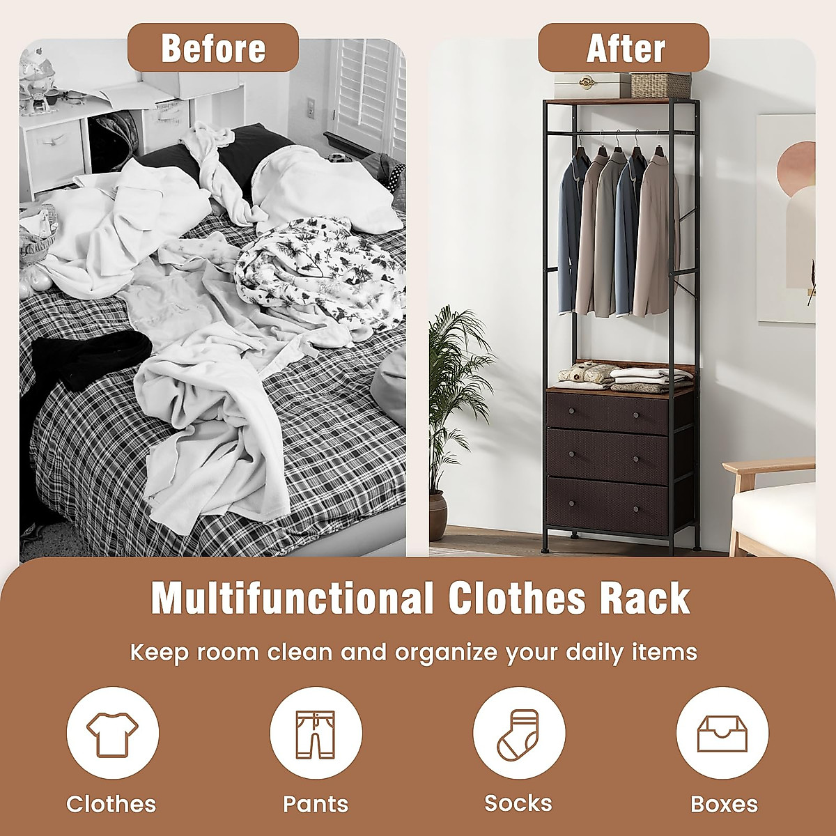 LOKO Clothes Rack with 3 Fabric Drawers, Freestanding Closet Organizer, Clothing Stand Dresser with 3-position Hanging Rod & Storage Shelves, Heavy-duty Garment Rack for Entryway, Bedroom, Cloakroom