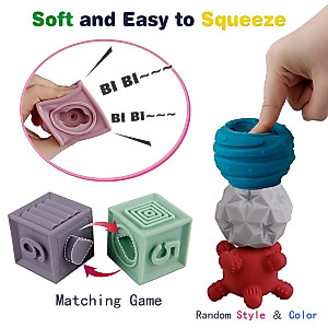BOBXIN 15 PCS Baby Blocks Toys Soft Stacking Blocks Baby Sensory Ball Teether Infant Bath Toys Squeeze Play with Numbers Shapes Animals Fruit and Textures Toy for Babies Toddlers 6 Months