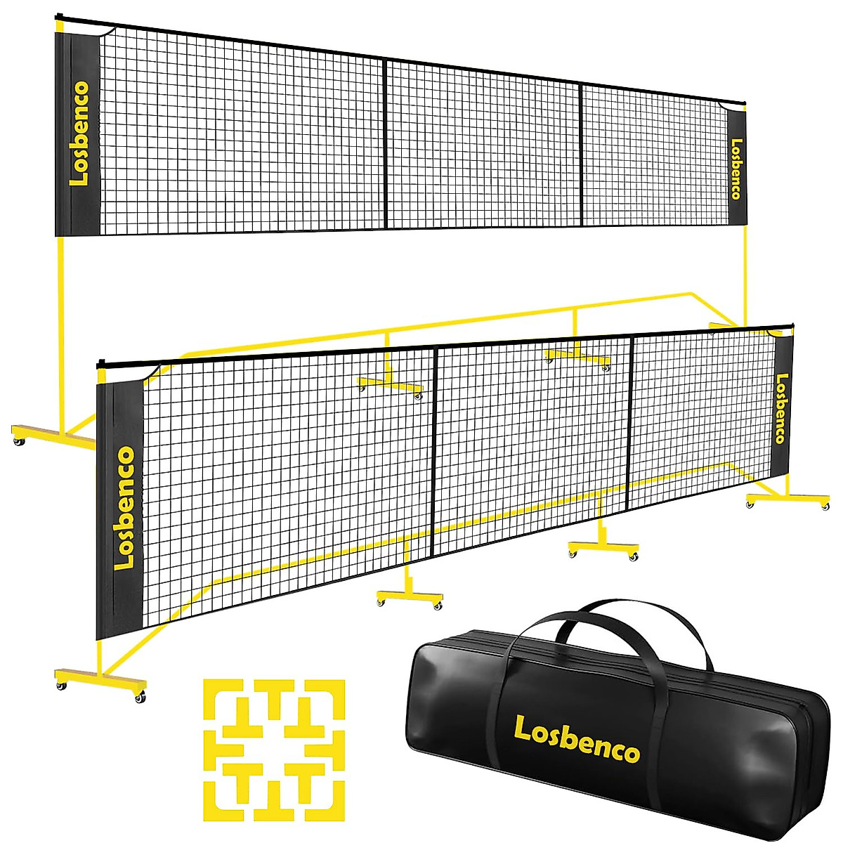 Losbenco Pickleball Net with Wheels Court Lines, Metal Frame & Regulation Size 22FT, 6-in-1 Adjustable Portable Net for Playing Pickleball, Tennis, Volleyball & Soccer and Backyard Games