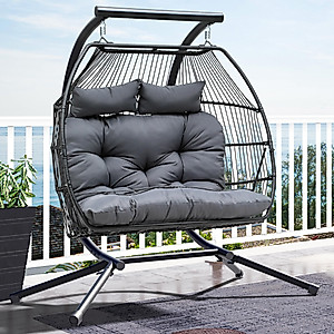 YITAHOME Hanging Egg Swing Chair with Stand Egg Chair Wicker Indoor Outdoor Hammock Egg Chair with Cushions 550lbs for Patio, Bedroom, Garden and Balcony, Dark Gray(Stand Included)