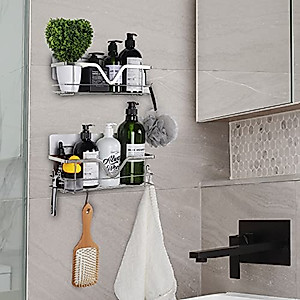 SIXDOVE Shower Caddies 2 PACK - No Drilling Adhesive Shower Organizer with Hooks, Rustproof SUS304 Stainless Steel Bathroom Shower Shelf, Shower Rack Large Shower Holder & Kitchen Storage (Silver)