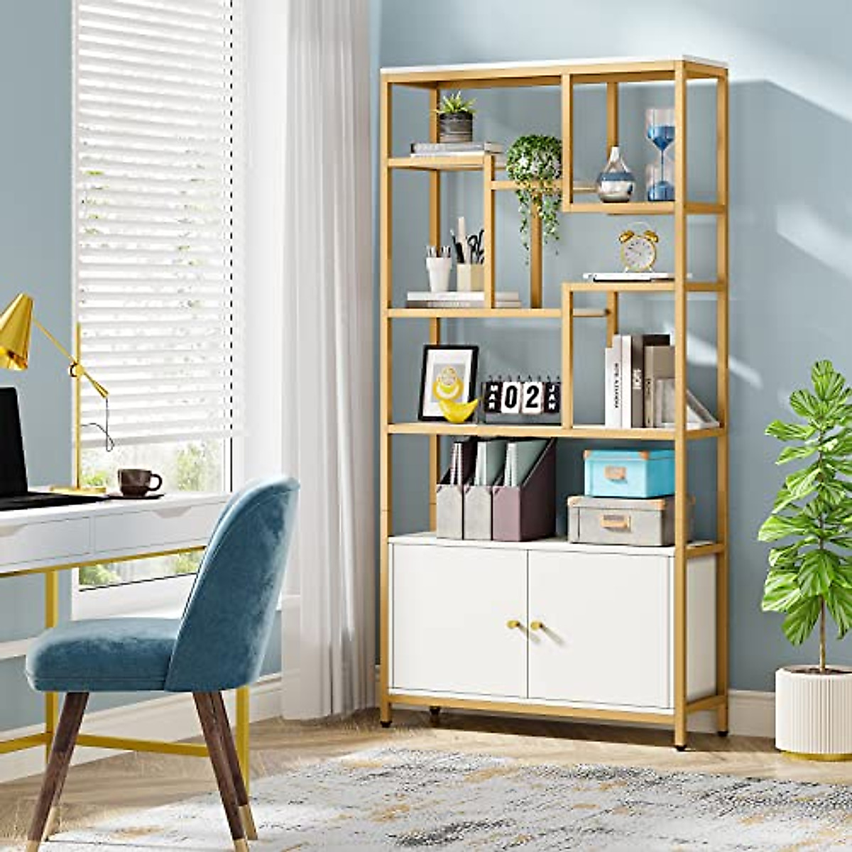 Tribesigns White Gold Bookshelf Bookcase with Doors 74 Inches Tall Bookshelf, Modern Gold Bookshelf 6 Tier Display Shelf Etagere Bookcase Narrow Metal Bookshelf for Living Room, Bedroom, Office