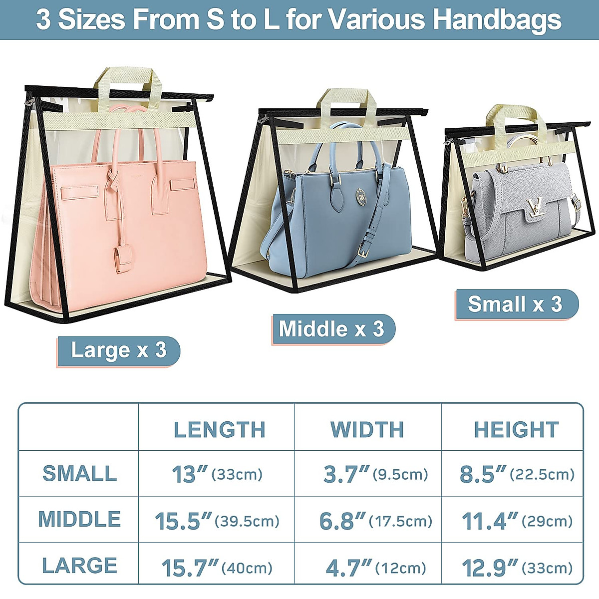 FADOTY 9 Packs Dust Bags for Handbag Storage Organizer Clear Purse Organizer for Closet Purse Storage Hanging Closet Organizer with Zipper Handles, Beige