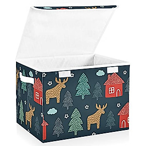 Forest Design for Winter Holidays Large Foldable Storage Boxes with Lid, Fabric Collapsible Storage Bin Closet Organizer, Storage Box with Handles for Clothes Storage, Toys Storage, Room Organization