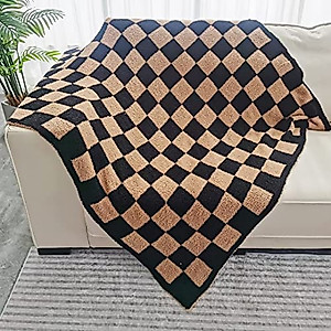 Fuzzy Checkered Throw Blanket Soft Cozy Lightweight Warm Reversible Blanket Preppy Aesthetic Decor for Couch,Chair,Sofa,Bed (Black/Camel, 51"x63")