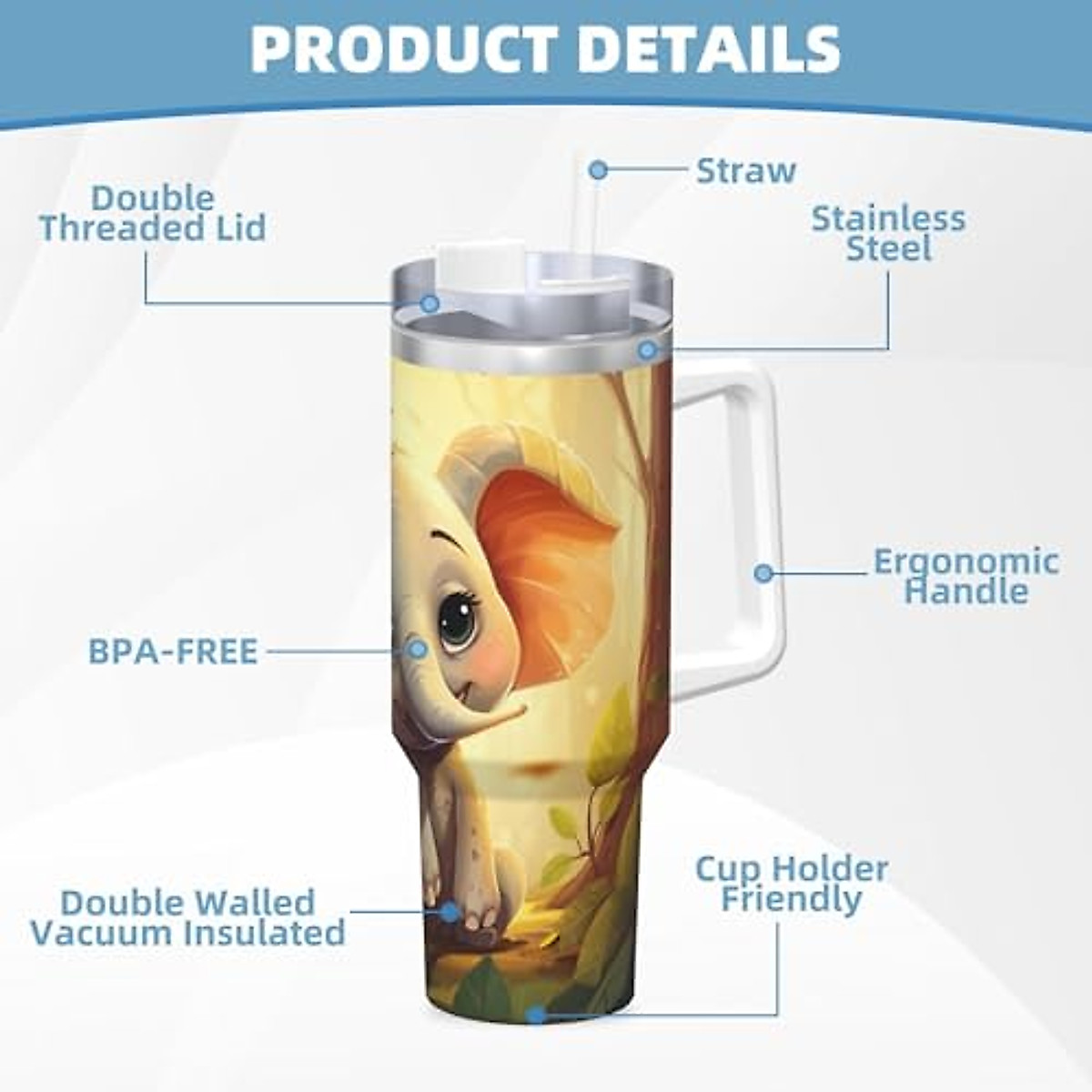 HULIBIN Cute Elephant Print Double Deck Stainless Steel Travel Coffee Cup With Lid 40 Oz Ice Bully Cup