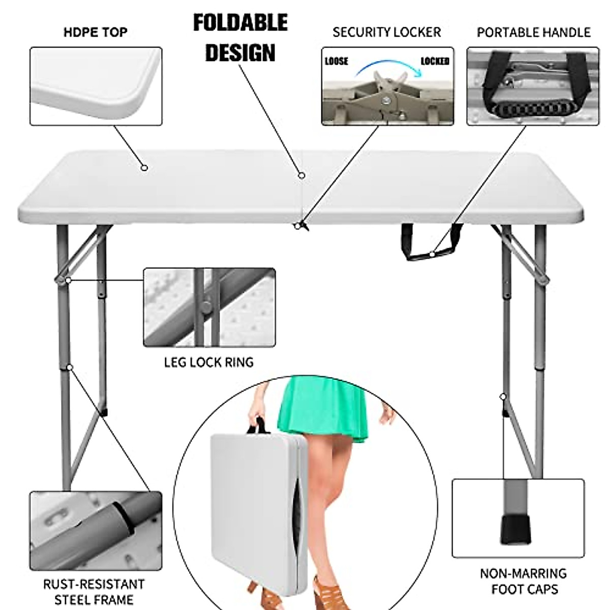 Byliable Folding Table 4 Foot Portable Heavy Duty Plastic Fold-in-Half Utility Foldable Table Small Indoor Outdoor Adjustable Height Plastic Folding Table with Carrying Handle, Camping and Party