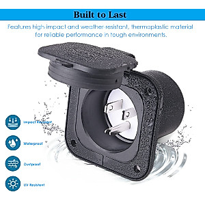 Veepeak 15 Amp Flanged Inlet Shore Power Plug NEMA 5-15 125V Electrical Outlet Receptacle with Waterproof Cover for RV Camper Trailer Boat Shed, 2 Pole 3-Wire Straight Blade, ETL Listed