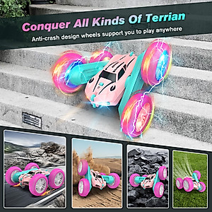 Remote Control Car, Hand Remote RC Cars, 90 Min Playtime, 2.4Ghz Double Sided 360° Rotating RC Crawler with Lights, 4WD Off Road Drift RC Stunt Race Car Gift Toy for Boys and Girls Aged 6-12 Pink