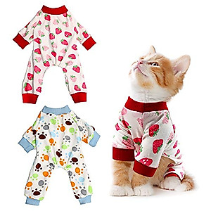 Rypet Small Dog Pajamas 2 Pack - Cute Cat Pajamas Onesie Soft Puppy Rompers Pet Jumpsuits Cozy Bodysuits for Small Dogs and Cats（Blue + Red）