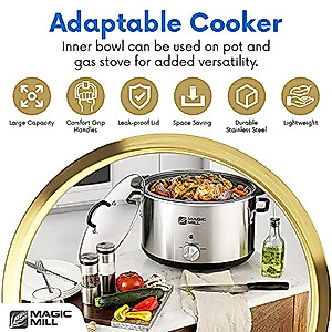 Magic Mill Extra-Large 10 Quart Slow Cooker With Metal Searing Pot & Transparent Tempered Glass Lid Multipurpose Lightweight Slow Cookers, Pot is Safe to Put the On the Flame, Dishwasher Safe