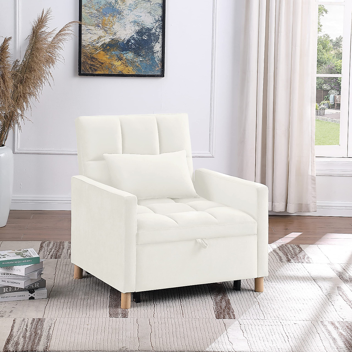 HANLIVES 3-in-1 Single Convertible Chair Bed,Sleeper Sofa Chair Bed with Pillow,Multi-Functional Sleeper Chair with Adjustable Backrest,pullout Sofa Bed with Velvet Fabric for Apartment(White)