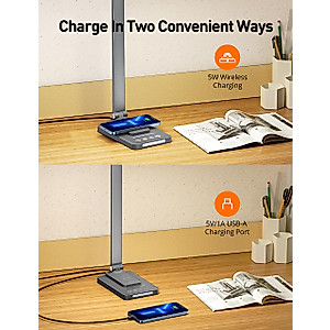 sympa Metal LED Desk Lamp, 12W Desktop Office Lamp, Reading Desk Light with 5V/2A USB Port, 5 Color Temperatures, 6 Brightness Levels, Touch Control for Dorm, Home Office, Bedroom, Living Room Grey