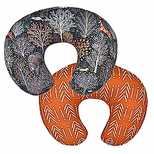 2 Pack Baby Nursing Pillow Cover Newborn U-Shaped Breastfeeding Pillowcase Cushion Cover Stretchy Replaceable Forest&Floral Pillow Cover Slipcover 22.5x18 (Forest + Retro Geometry)