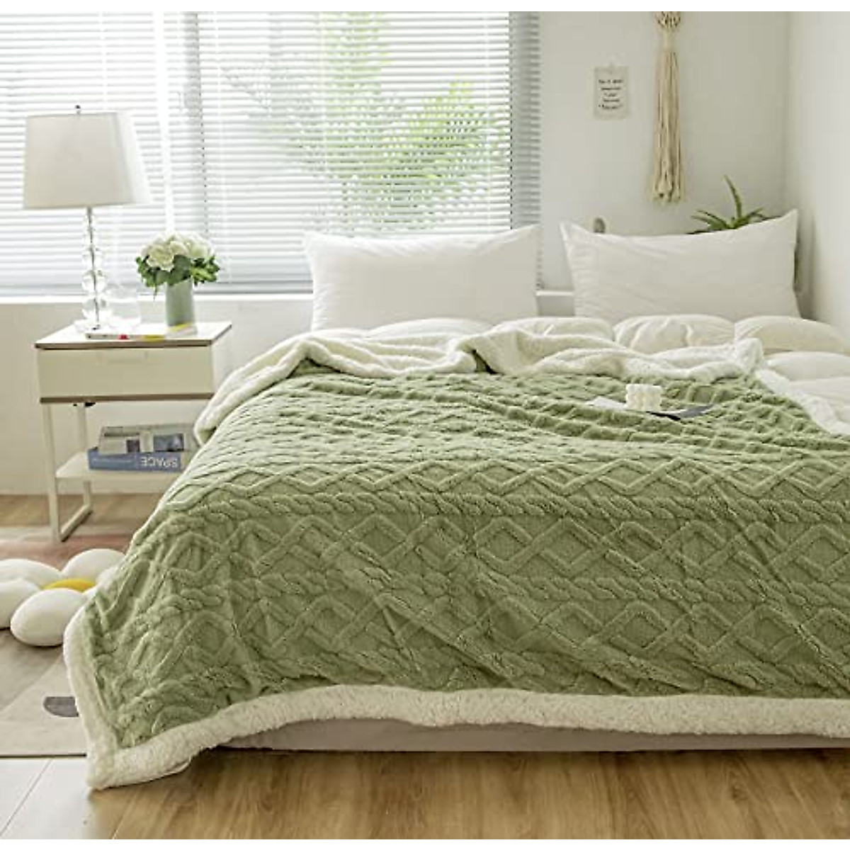 Plush Thick Sherpa Throw Blanket - Soft Warm Breathable Fleece Velvet Blanket with 3D Stylish Cable Pattern for Bed Sofa Recliner Chair - Fluffy Throw Size 50"×60", Sage Green