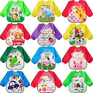 JaGely 12 Pcs Kids Art Smocks Toddler Smock Waterproof Painting Aprons Children Apron with Long Sleeve Washable Bib for Baby Eating (Classic)