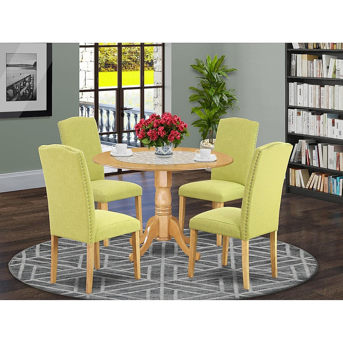 East West Furniture DLEN5-OAK-07 5 Piece Kitchen Table & Chairs Set Includes a Round Dining Table with Dropleaf and 4 Limelight Linen Fabric Parson Dining Chairs, 42x42 Inch, Oak