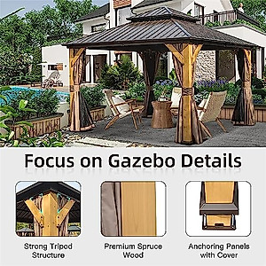 Evedy Gazebo 12x12, Hardtop Gazebo, Outdoor Cedar Wood Frame Canopy with Galvanized Steel Double Roof, Outdoor Permanent Metal Pavilion with Curtains and Netting for Patio, Backyard and Lawn