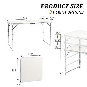 Outvita 4ft Portable Folding Camping Table, Outdoor Waterproof Adjustable Height Table, Aluminum Lightweight Suitcase Foldable Table for Picnic BBQ Beach Dining