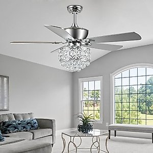 Tropwellhouse 52Inch Crystal Ceiling Fan with Lights 3 Speed Remote Control Elegant Crystal 5 Wood Blades Chrome Ceiling Fan Decoration Home