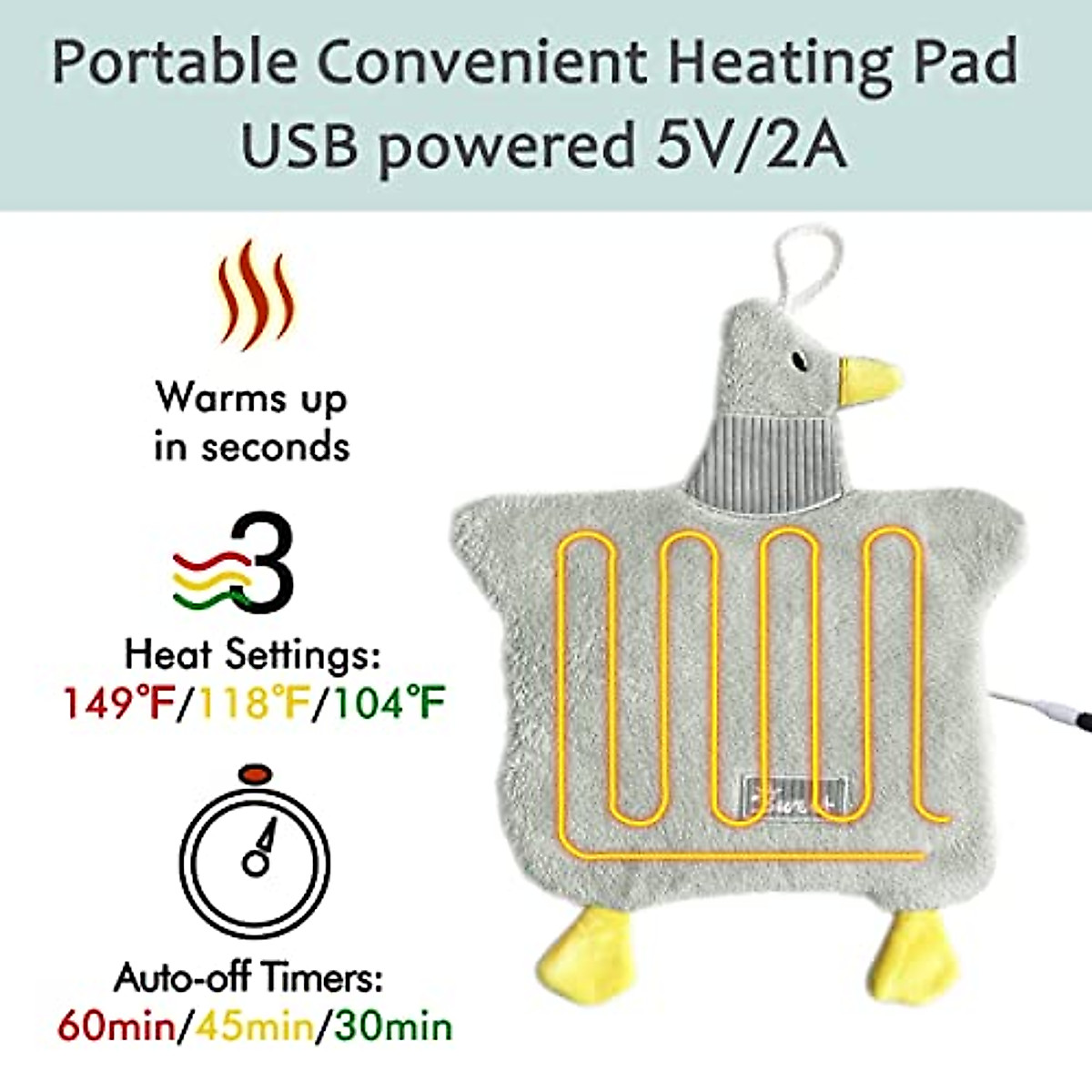 CRIMMY Heating Pad for Period Menstrual Cramps Pain Relife, Cute Small Portable Heat Pads for Travel, Mini Stuffed Animal USB Electric Hot Pack for Back Neck Eyes Hands … (Grey Duck)