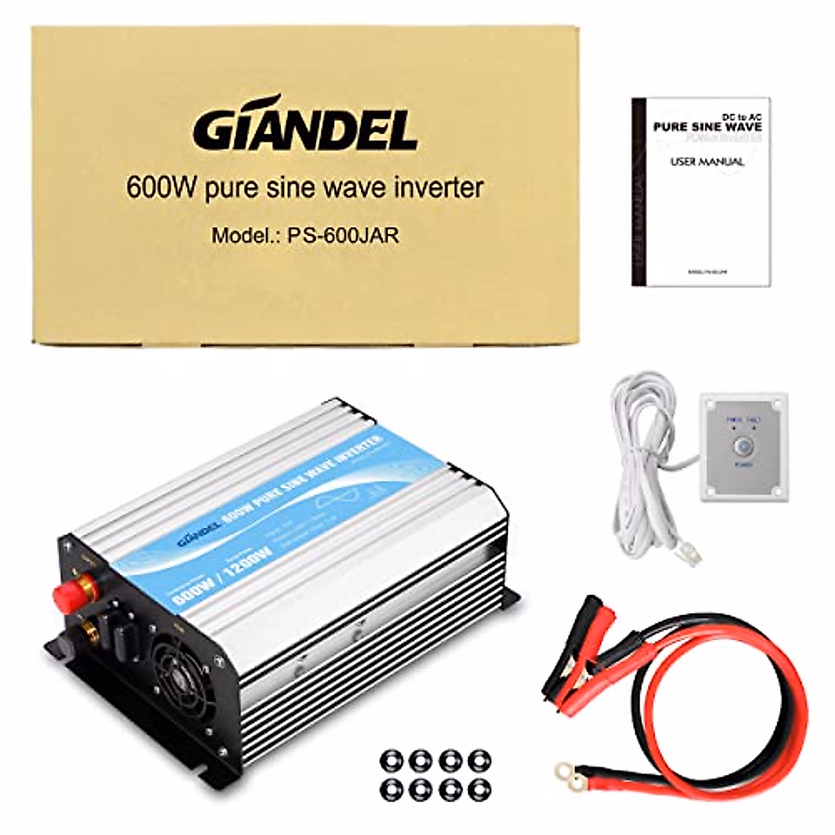 GIANDEL Power Inverter Pure Sine Wave 600Watt 12V DC to 120V AC with Remote Control Dual AC Outlets ETL Listed UL458 Standard for Small Solar System Outdoor Emergency