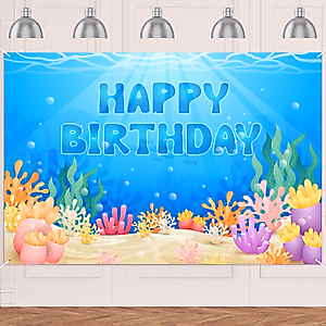 Under The Sea Happy Birthday Banner Backdrop Ocean Animals Under The Sea Theme Decor Decorations for Boys Girls 1st Birthday Party Bday Baby Shower Underwater Blue Party Supplies Photo Booth Props
