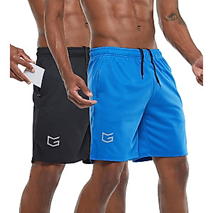 G Gradual Men's 7" Workout Running Shorts Quick Dry Lightweight Gym Shorts with Zip Pockets (2 Pack: Black/Blue Large)