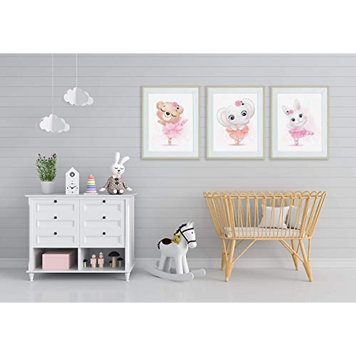 Framed Nursery Wall Art Animals Ballerinas for Girl Baby Room Wall Decor, 10"x12" Wood Frame, Set of 3