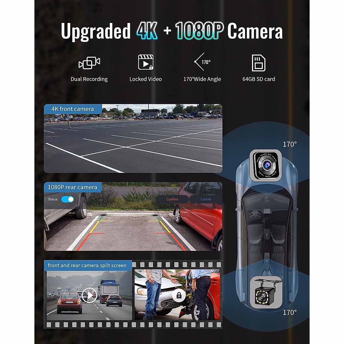 Portable Apple Carplay Screen for Car, 9" Wireless Apple Carplay & Android Auto,4K Dash Cam,1080p Backup Camera DVR,Car Audio Receivers GPS Navigation Mirror Link, Bluetooth,FM, Siri