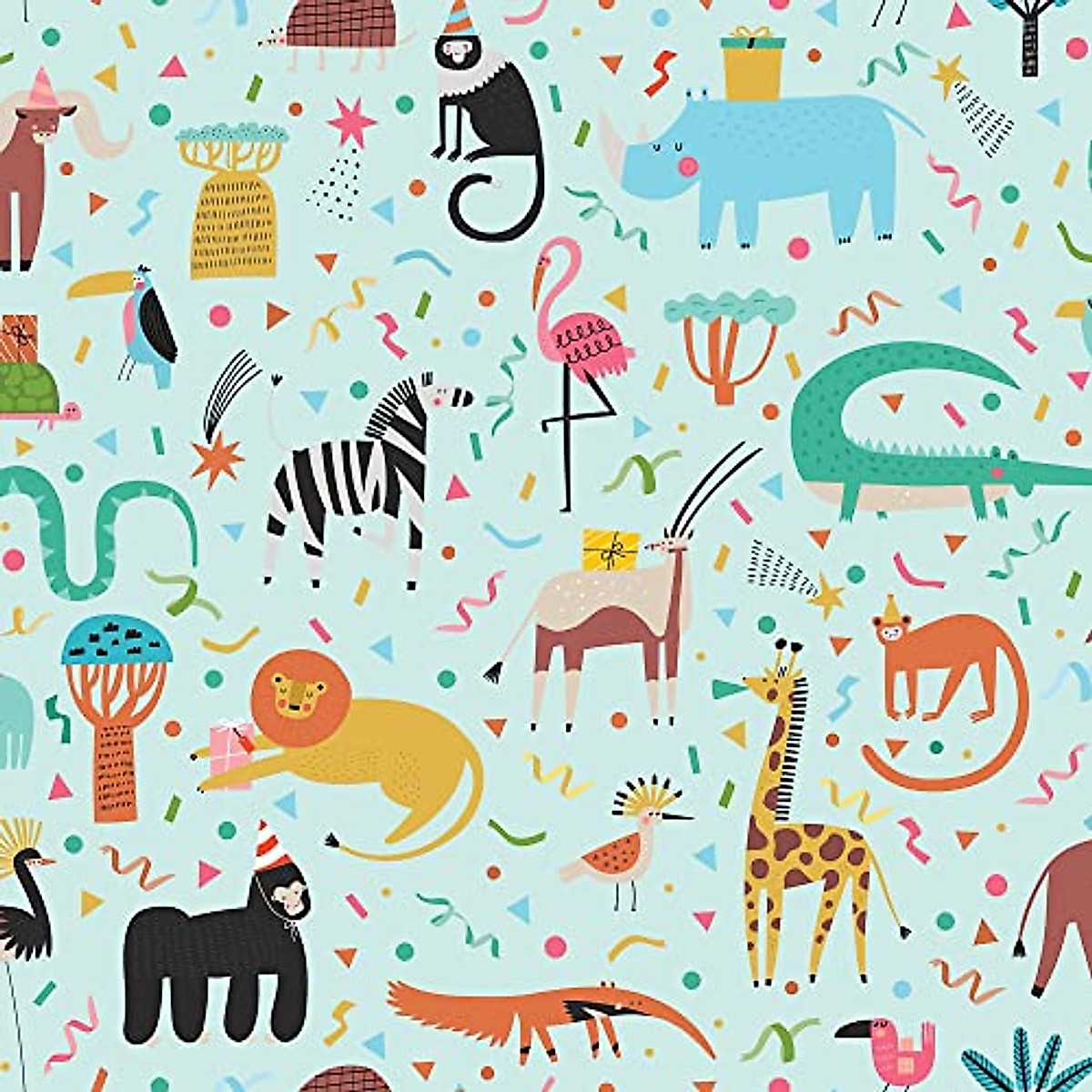 Party Safari Animals Birthday Gift Wrap by Revel—Safari Animal Wrapping Paper Folded flat, 27 x 39 inches for Birthdays and Baby Showers with Lions, Giraffes, Gorillas, Snakes, Zebras, Flamingos, Rhinos, Ant Eaters and Monkeys