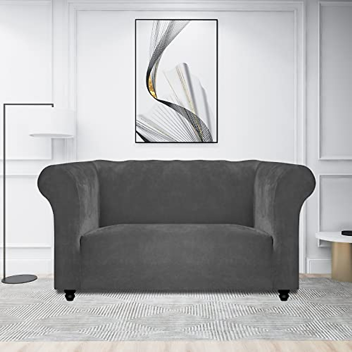 Easy-Going Stretch Velvet Chesterfield Style Couch Slipcover for Living Room, Soft Non-Slip Sofa Cover Furniture Protector for Dogs (Loveseat, Gray)