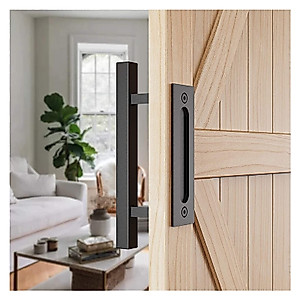 TABKER Sturdy Sliding Barn Door, 12 Inches Barn Door Handle Square Pull Flush Hardware Set Wood Door Handle Interior Door Furniture Handle Hardware Saving Space