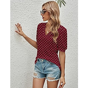 Romanstii Women Tees and Tops Short Sleeve Ruffle V Neck Tunic for Casual Wear,Wine Polka Dot,L