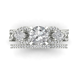 Clara Pucci 2.0ct Round Cut Solitaire 3 stone Genuine Moissanite Engagement Promise Anniversary Bridal Ring Band set 18K White Gold 10.5
