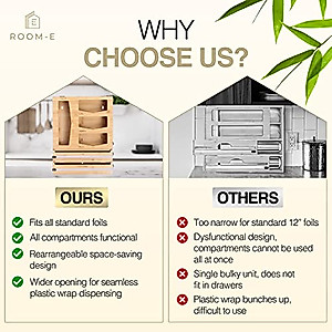 Room-E Bamboo Foil & Plastic Wrap Organizer with Cutter | Ziplock Bag Storage for Drawer Magnetic Break-Apart Design Dispenser Holder, Light Brown