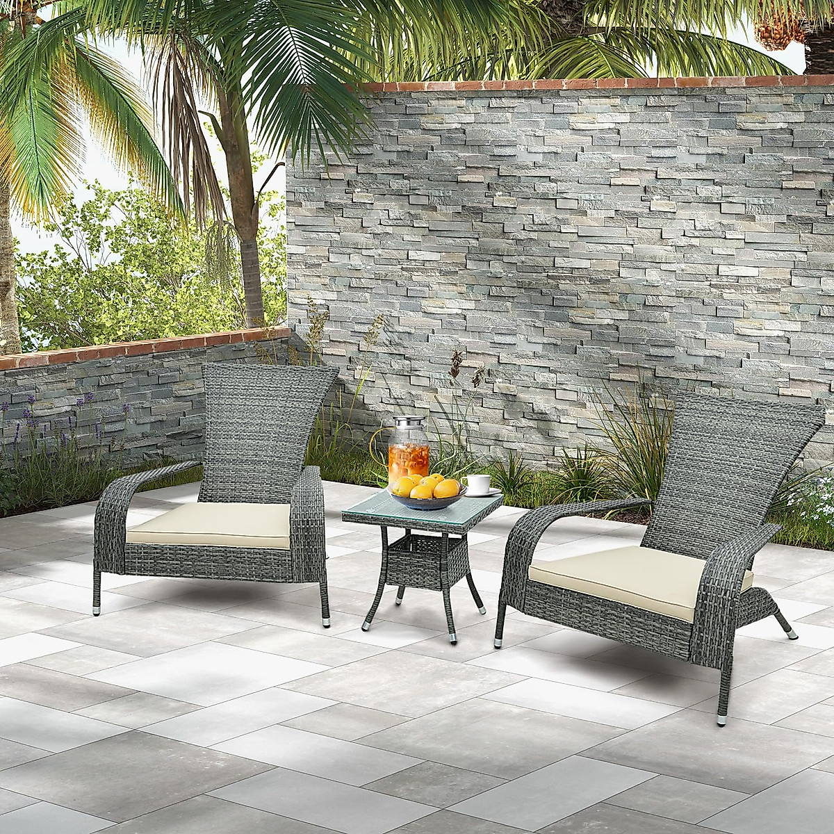 Tangkula 3-Piece Wicker Adirondack Set, Ergonomic Oversized Rattan Chairs w/Coffee Table, Comfy Seat Cushions, Tempered Glass Tabletop, Patio Wicker Conversation Set for Porch (Wicker, 3-pc)