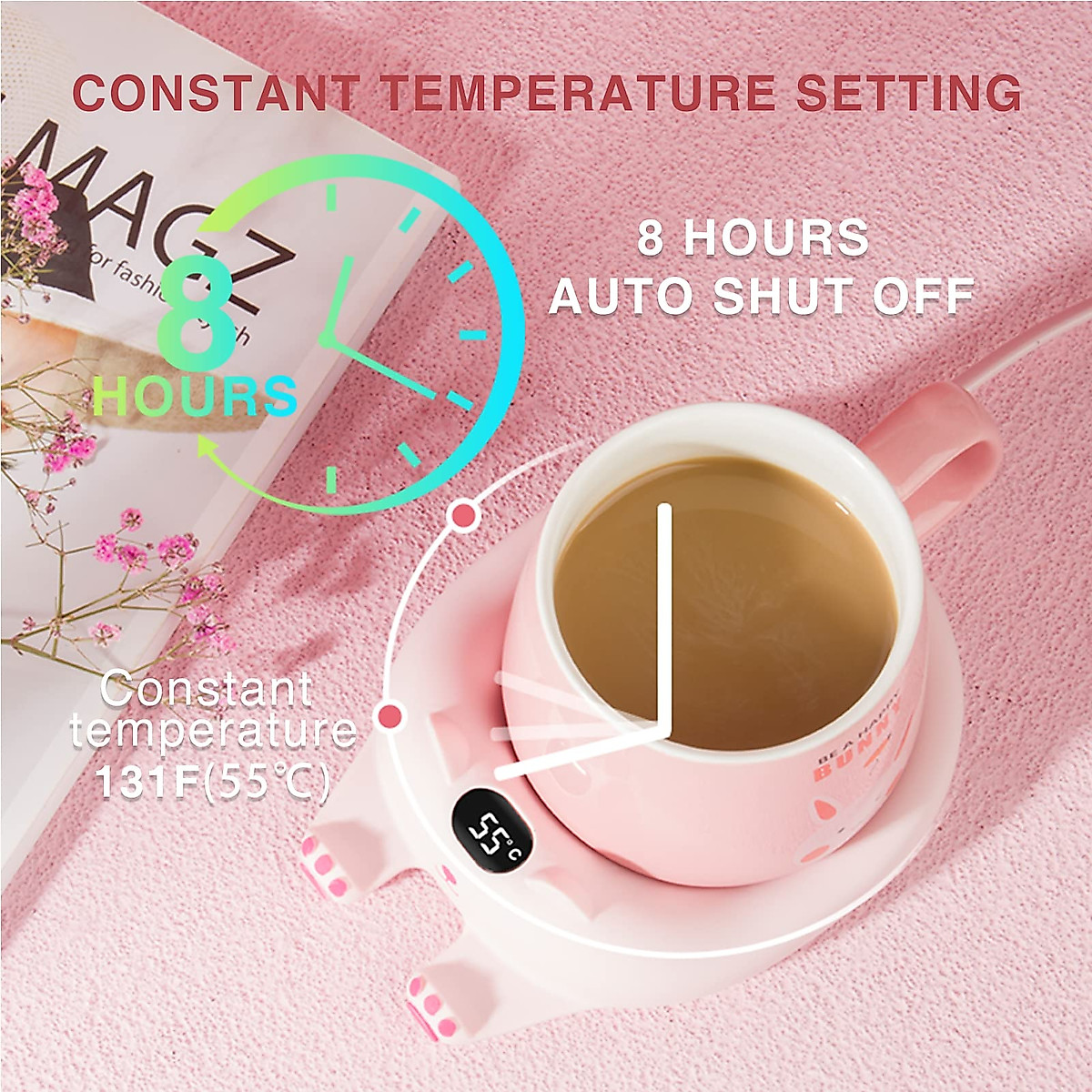 DUHEL Coffee Mug Warmer, Coffee Warmer for Desk with 3 Temp Settings, Cup Warmer for Desk Auto Shut Off, Cute Mug Warmer for Desk(Pink)