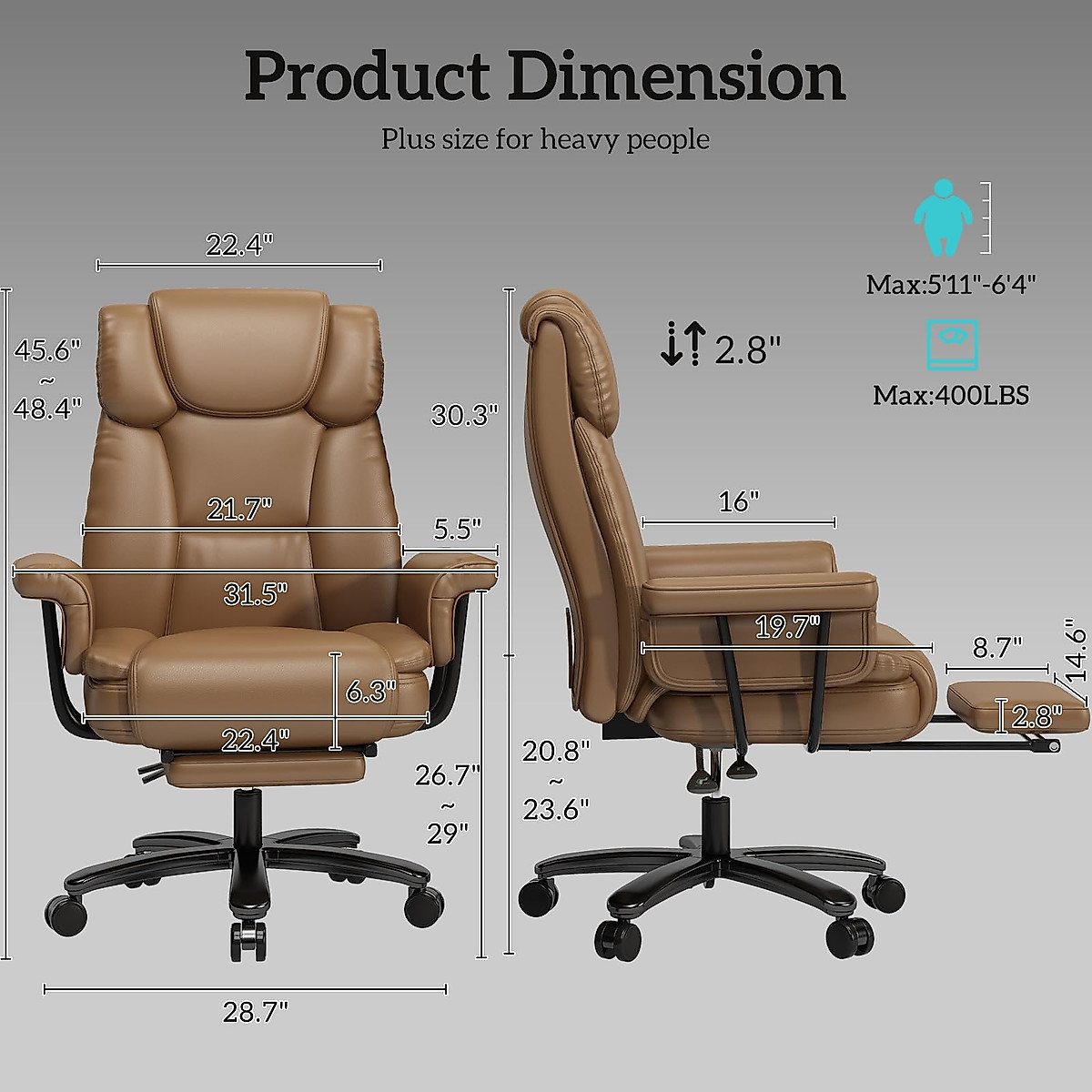 GYI Big and Tall Office Chair 400LBS with Wide Seat and Arms, 160° Reclining Office Chair with Footrest, Comfortable Executive Office Desk Chair High Back, Computer Chair Home Office