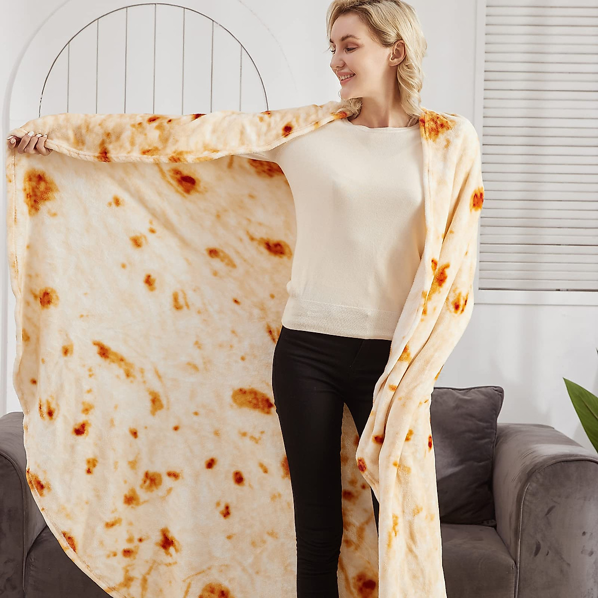 Denkee Tortilla Blanket 71 inches, Tortilla Throw Blanket for Adult and Kids, Taco Blanket Double Sided, Realistic Food Blanket, Funny Gifts for Kids Teenagers