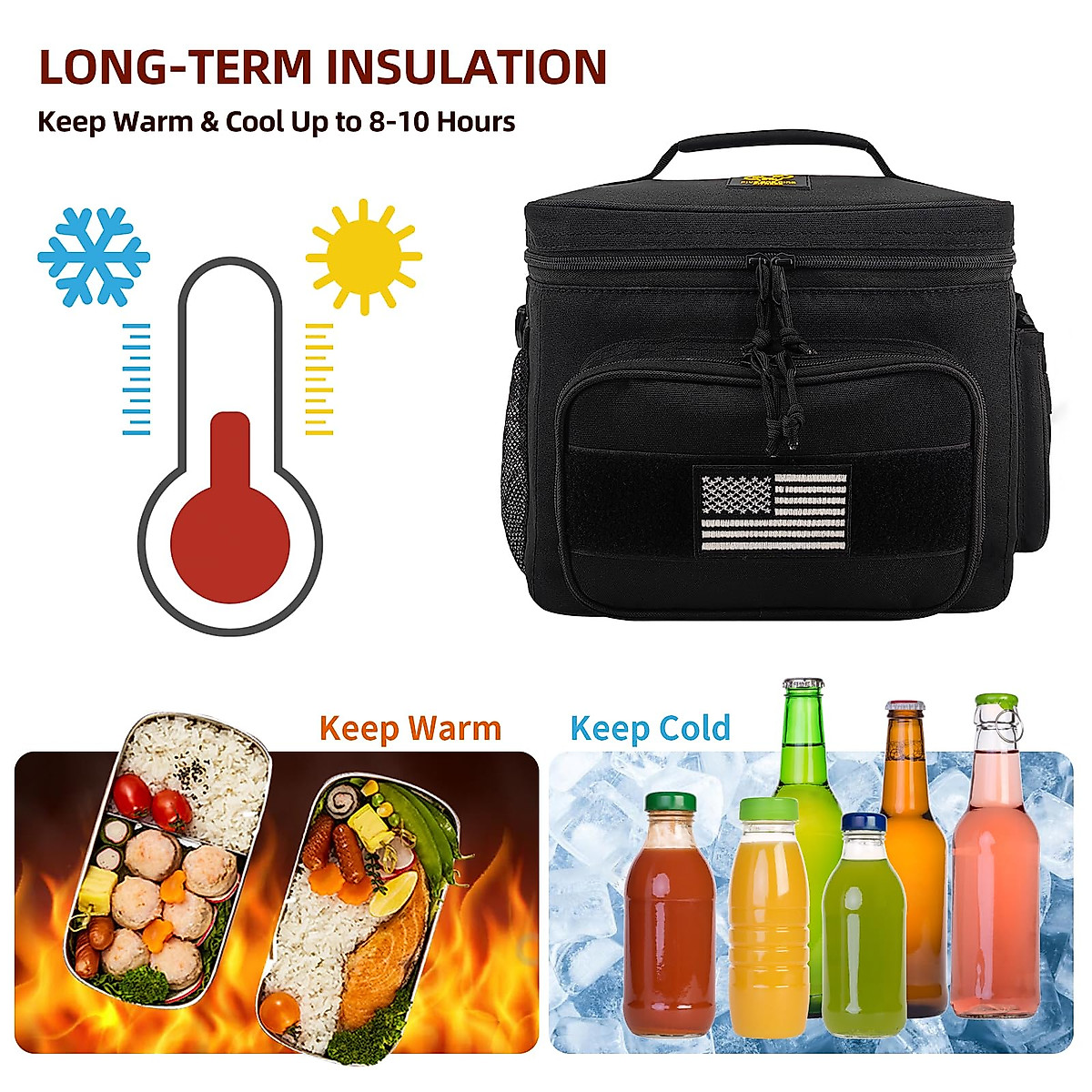 Lunch Box for Men, Tactical Lunch Bag with Ice Pack,MOLLE Webbing Insulated Lunch Cooler Women Adult,Reusable Lunch Tote with Adjustable Shoulder Strap for Work Fishing Camping Picnic,Black