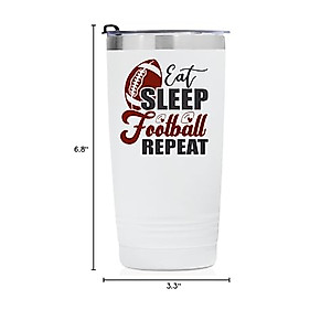 Onebttl Football Lovers Gifts, Funny American Football Gifts for Coach, Men, Dad on Birthday Christmas, 20oz Stainless Steel Tumbler, White, Eat Sleep Football Repeat