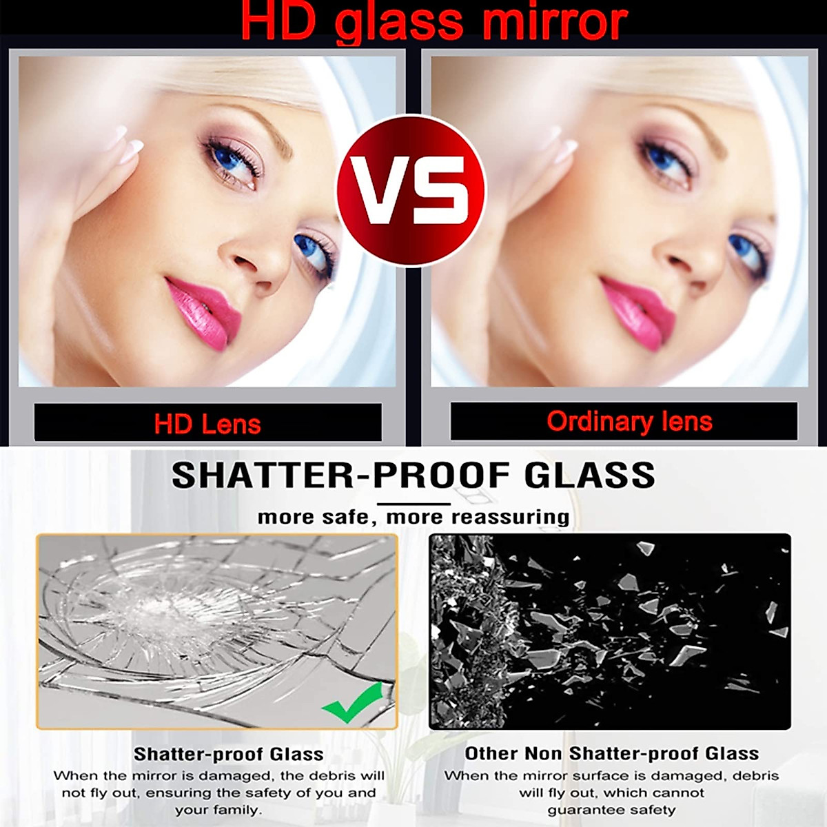 Black Oval Bathroom Mirror With LED Light, Wall Mirror With Aluminium Frame, Decorative Mirror, LED Illuminated Makeup Mirror, Infinitely Dimmable, 3-colour Light ( Color : Black , Size : 50x80CM )