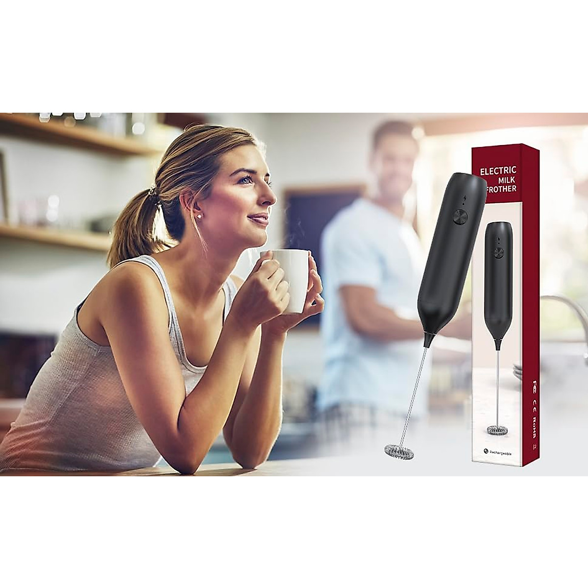 DEVENTORZ Milk Frother Handheld, Rechargeable Frother USB C Hand Frother Electric Frother Foam Maker Wand Whisk Drink Mixer for Coffee, Lattes, Cappuccino, Frappe, Matcha, Hot Chocolate