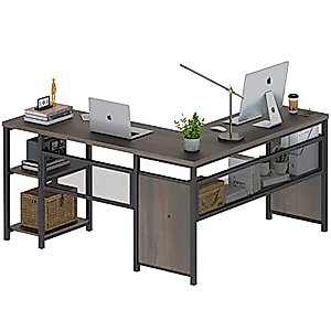 FATORRI L Shaped Computer Desk, Industrial Home Office Desk with Shelves, Rustic Wood and Metal Corner Desk (Walnut Brown, 59 Inch)