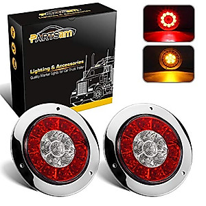 Partsam 4" Inch Round Truck Trailer Led Tail Stop Brake Lights Taillights Running Red and Amber Parking Turn Signal Lights, Sealed Dual Color Round Led Lights w/Miro-reflectors Flange Mount (2Pack)