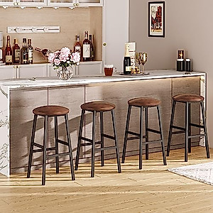 MAHANCRIS Bar Stools, 24.8 Inch PU Upholstered Breakfast Stools, Set of 2 Round Bar Chairs with Footrest, Bar Height Stools with Footrest, for Restaurant, Kitchen, Bar Counter, Rustic Brown BAHF02R01