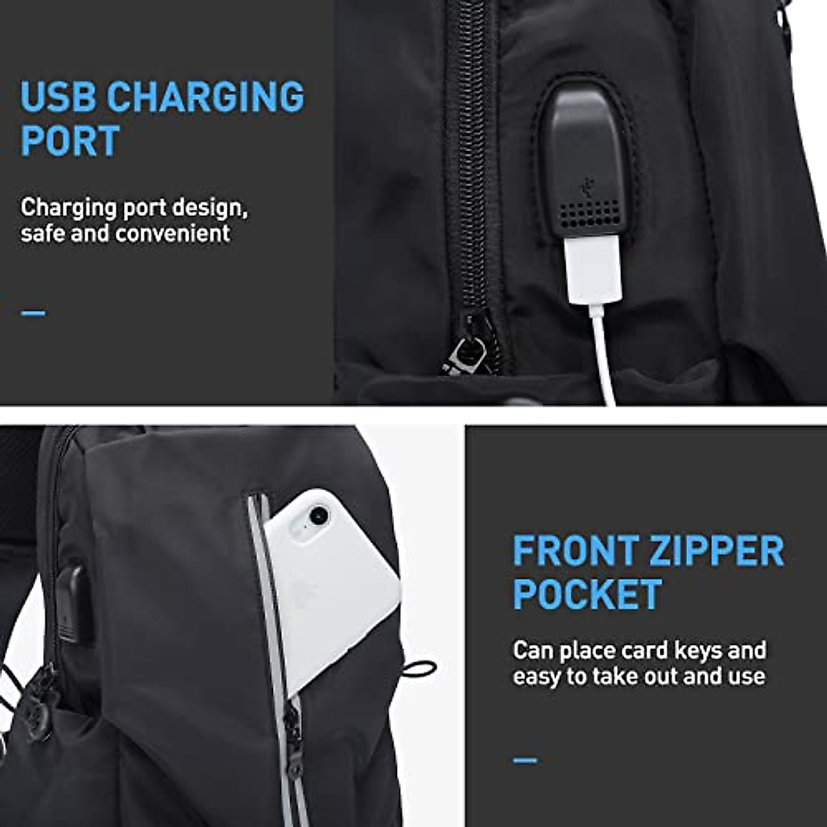 SEAFEW Small Black Tactical Sling Crossbody Backpack Shoulder Bag for Men Women, Lightweight One Strap Backpack Sling Bag Backpack for Hiking Walking Biking Travel Cycling USB Charger Port-Nylon