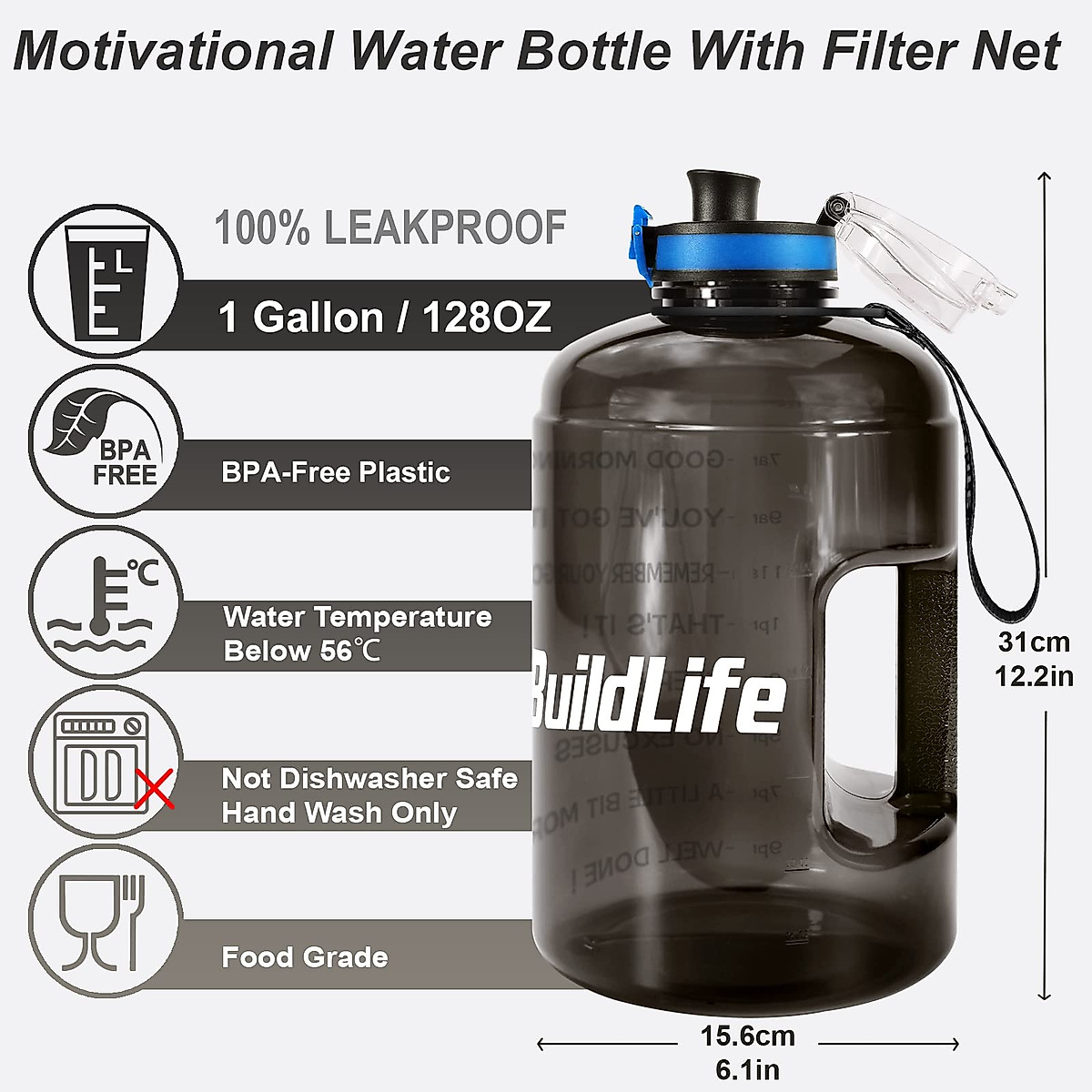 BuildLife Gallon Water Bottles with Times to Drink - Gallon Water Jug - 1 Gallon Water Bottle–128 oz Water Bottle,One Gallon Water Bottle with Time Marke for Gym(Black, 1 Gallon)